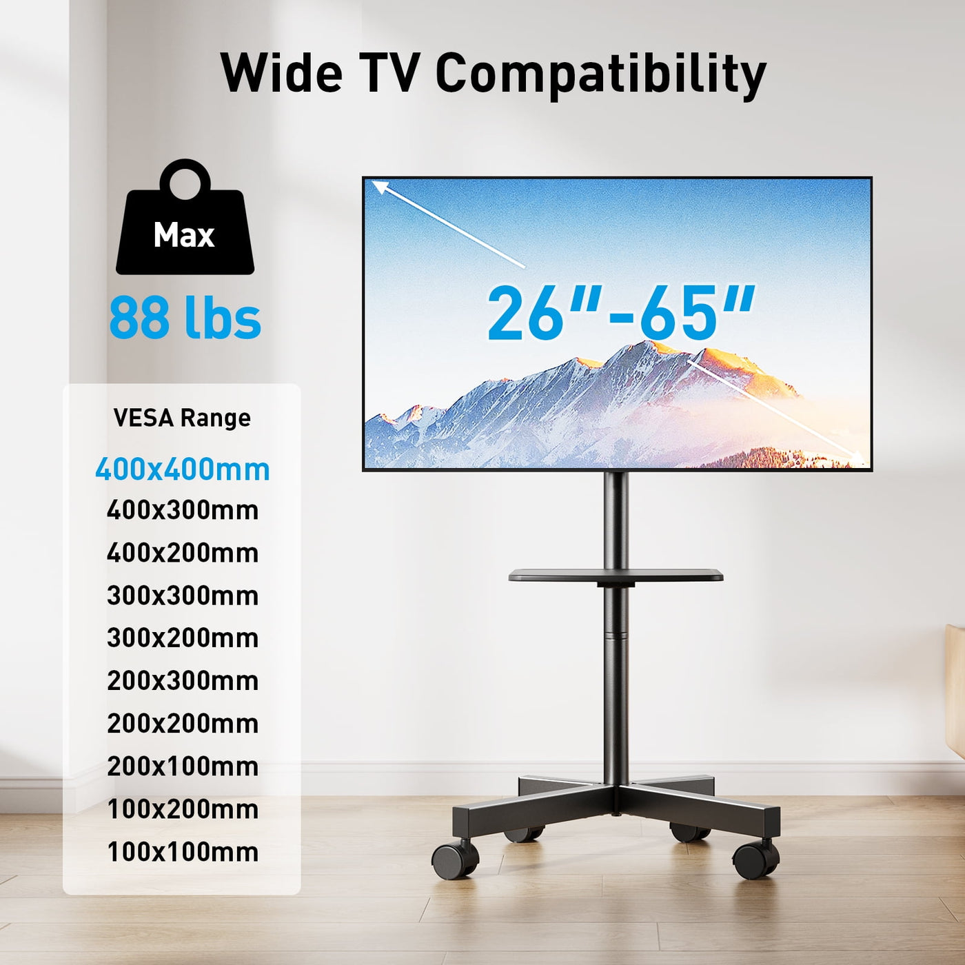 Perlesmith Mobile Rolling TV Stand Cart for 26-65" Flat Panel TVs, Hea
